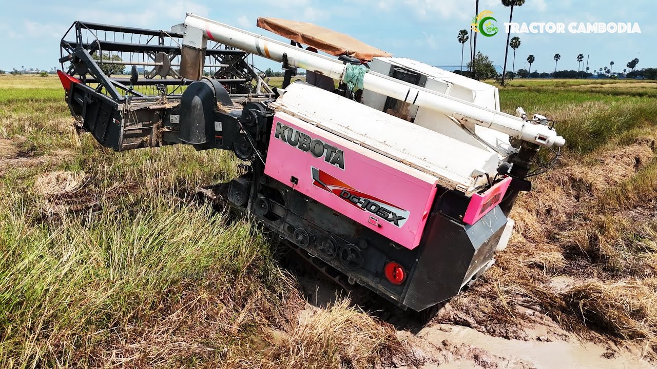 ម៉ាសុីនច្រូតស្រូវ Kubota DC 105X Harvesting Rice Operator Techniques ...