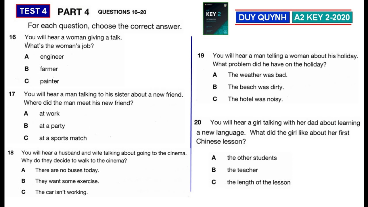 A2 KEY 2 - AUTHENTIC PRACTICE TESTS 2020 – TEST 4 PART 4 #a2key2 # ...