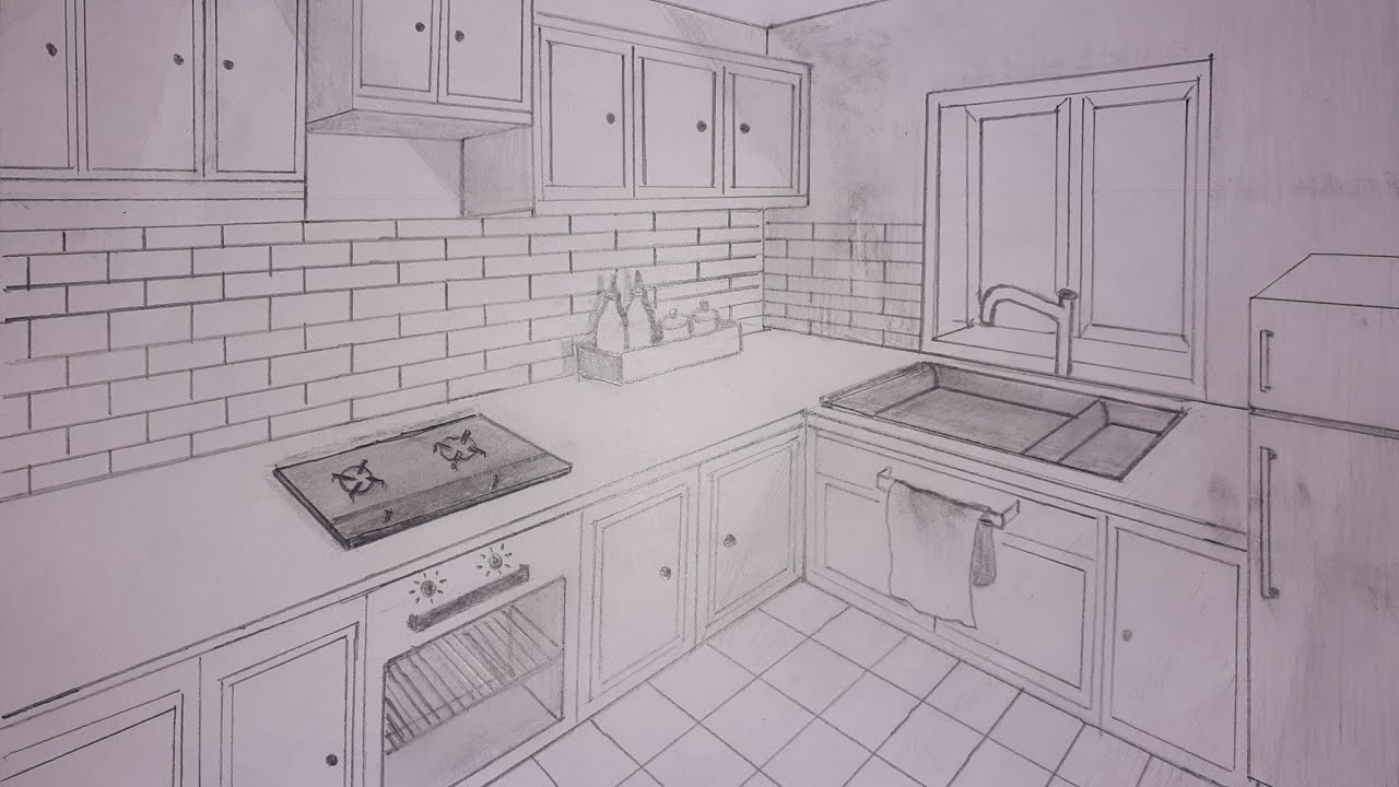 cara menggambar Denah Dapur modern dengan perspektif 2 titik - YouTube