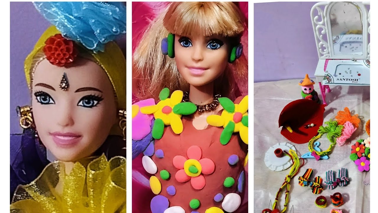 Barbie clay top/ silk 🎀 👗/jewellery set making/makeover transformation# ...