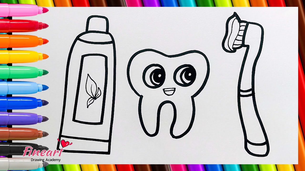 Draw Color and Painting Toothbrush, Toothpaste and Tooth 🦷🩺🧴🍰🍫 drawing ...