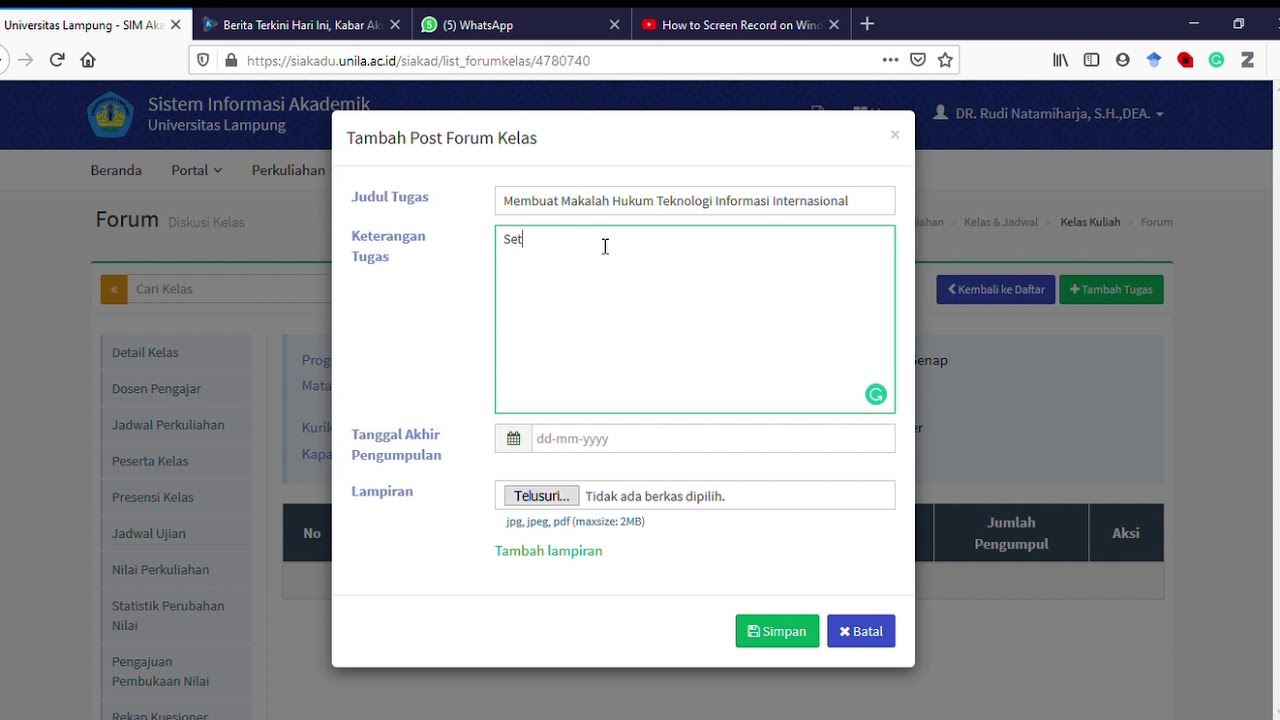 Membuat tugas dalam sistem siakadu Unila - YouTube