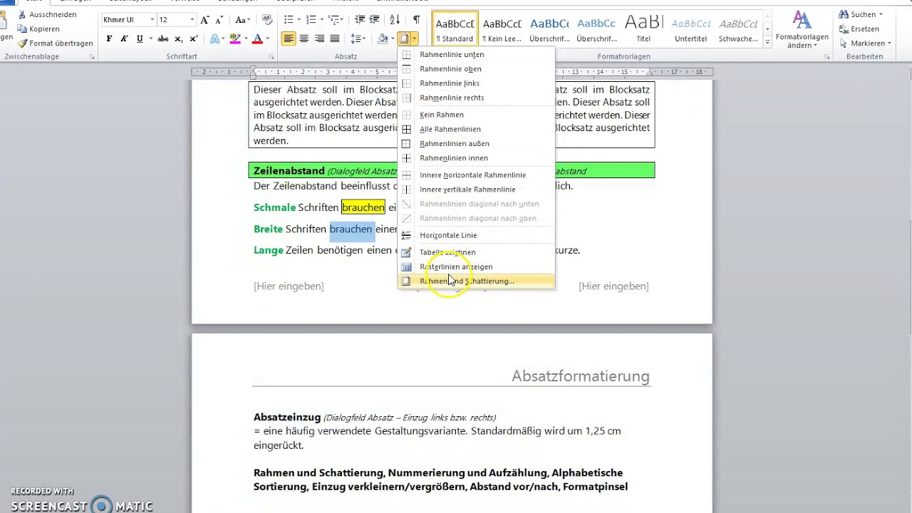 WORD Rahmen und Schattierung - YouTube