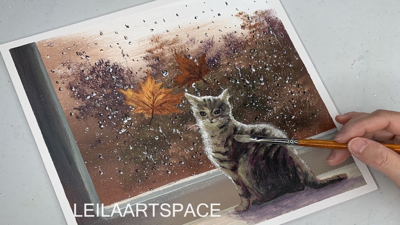 Rainy Window Painting Tutorial, Autumn Rainy Day Acrylic Painting Cat ...