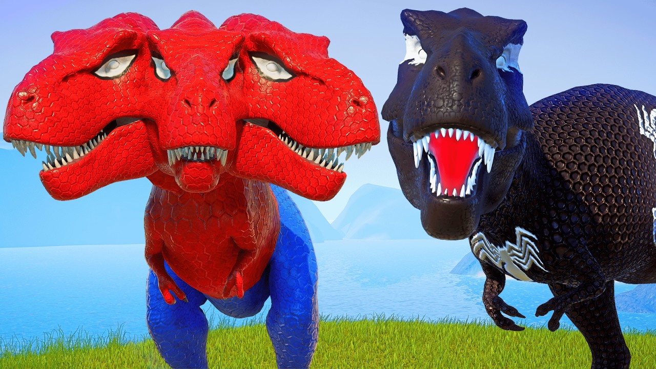VENOM T-REX vs SPIDERMAN T-REX Battle! With Joker and Batman in Epic ...