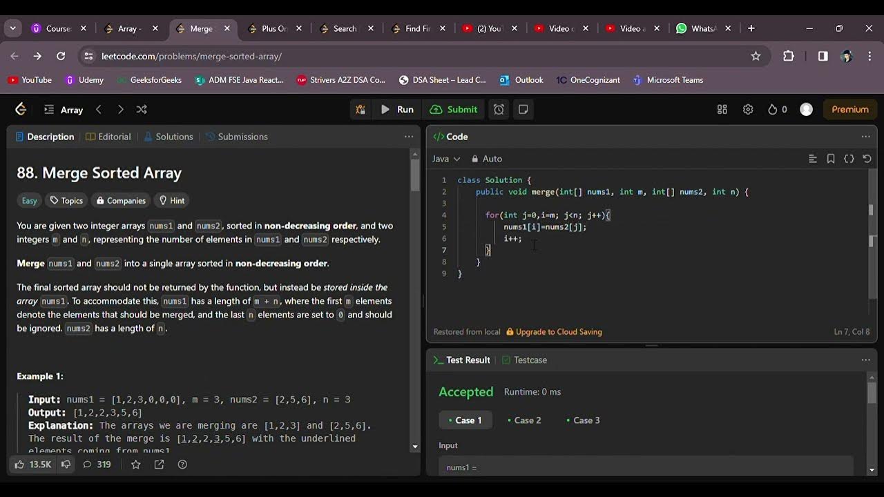 Merge Sorted Array 88 Leetcode Solution In Java Youtube