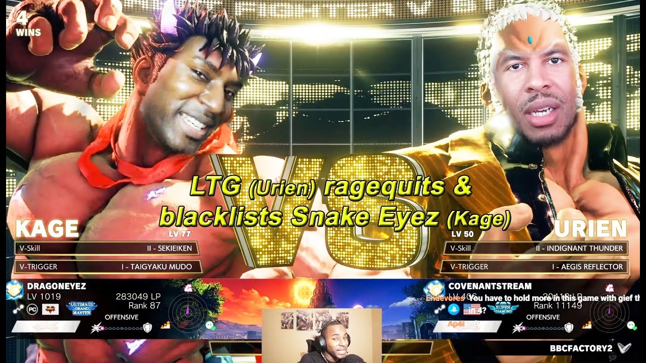 Street Fighter 5 (SFV) - LTG (Urien) ragequits & blacklists Snake Eyez ...