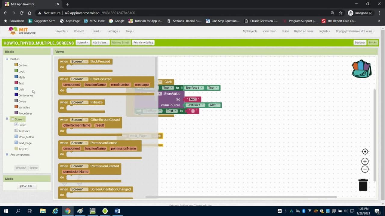 Storing Data using TinyDB Across Multiple Screens in MIT APP INVENTOR 2 PLTW App Creators - YouTube