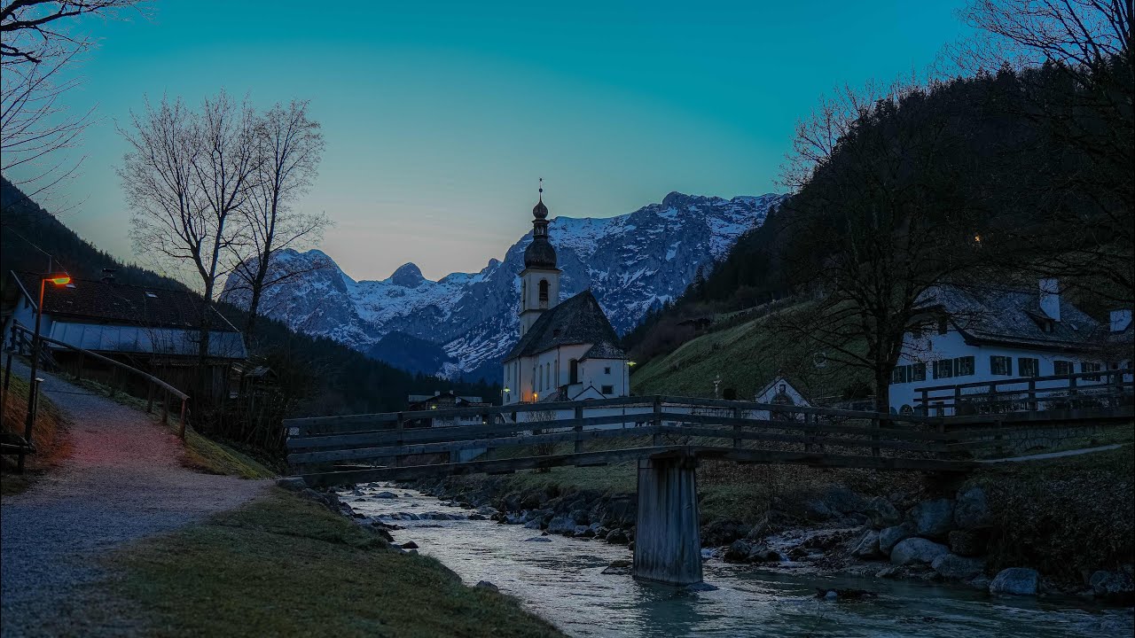 River sounds and bells ringing for sleeping, sunset in Ramsau near ...