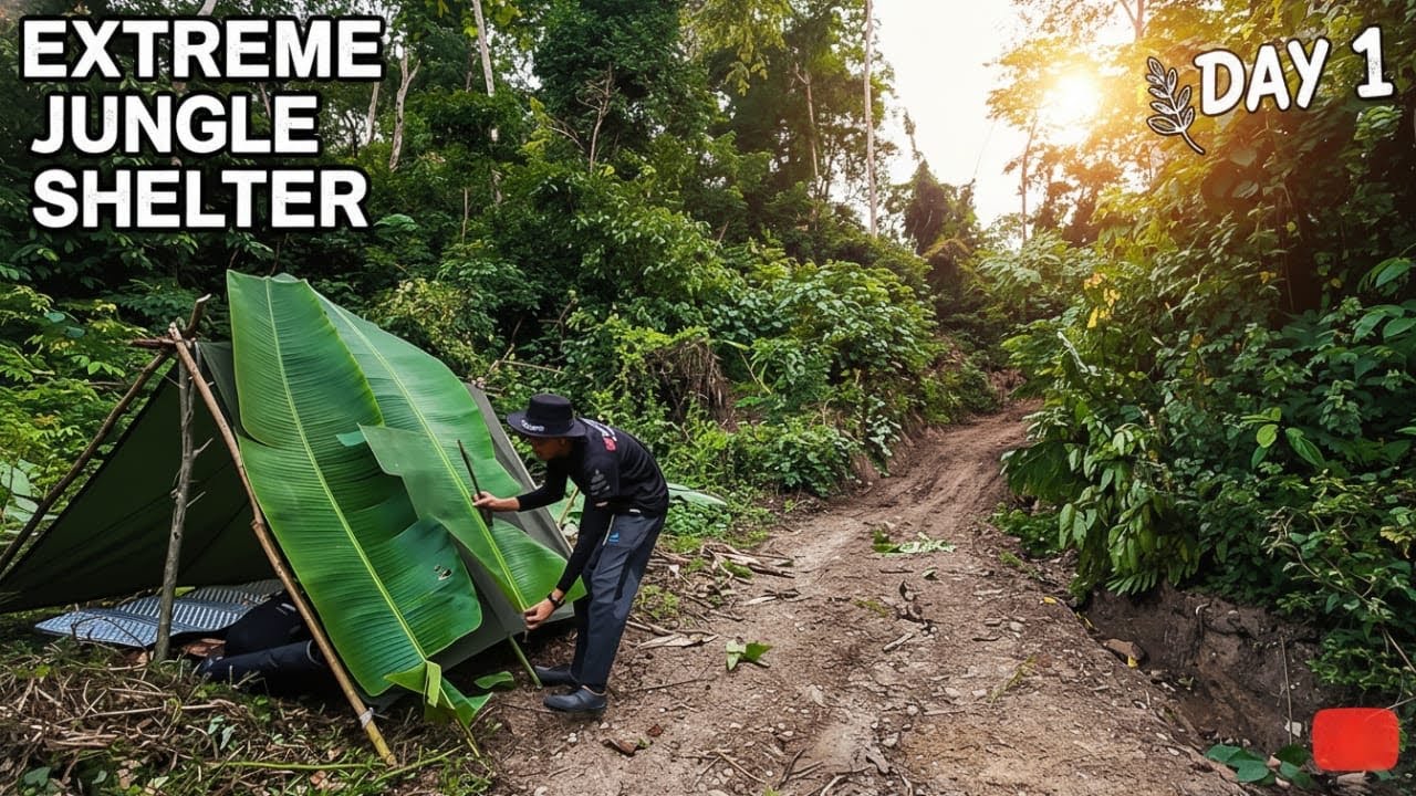 Solo camping membuat shelter menggunakan daun pisang liar di hutan ...