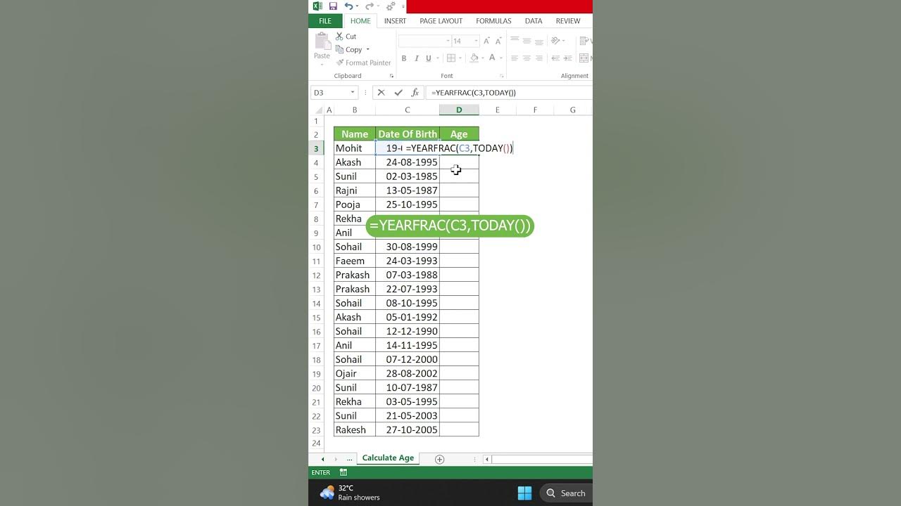 Calculate age using =YEARFRAC() Function 😯😯🔥#shorts #excel - YouTube