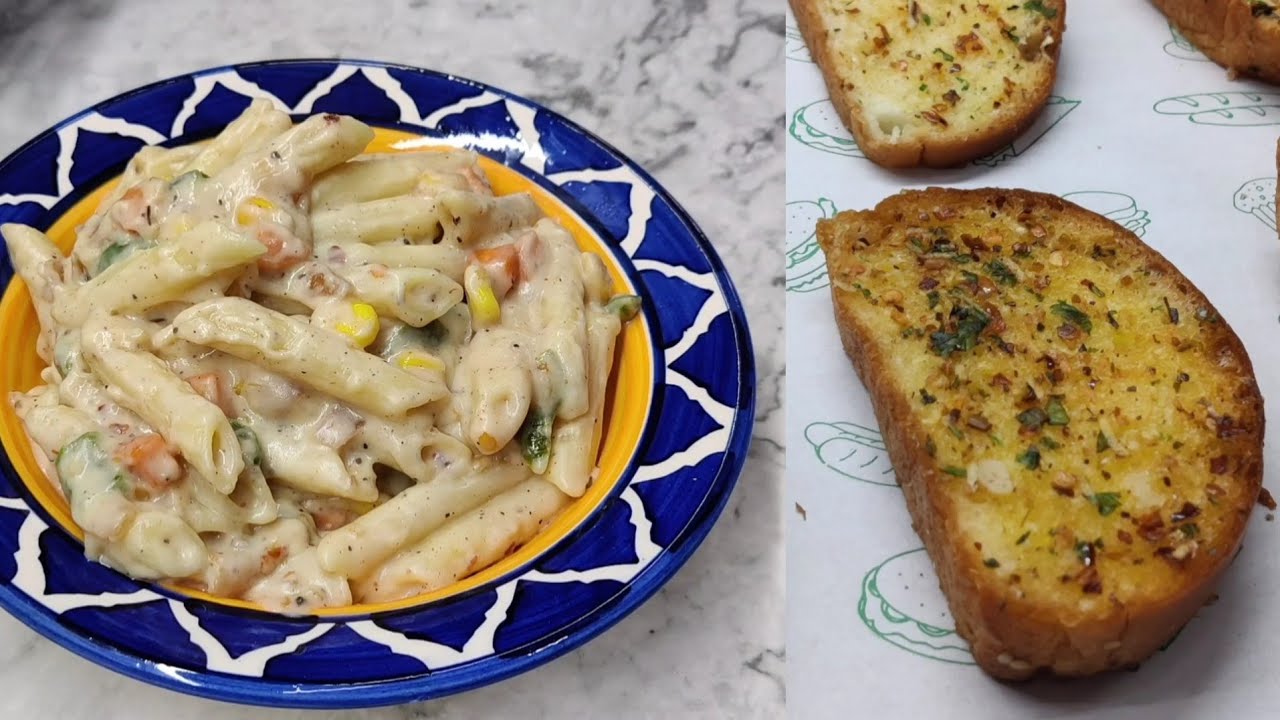 White Sauce Pasta & Garlic Bread Recipe | Diwali Special Recipe | Party ...