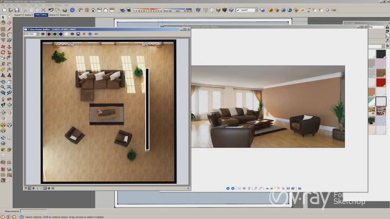 V-Ray for SketchUp - Use Skp Two Sided Material to hide the ceiling ...