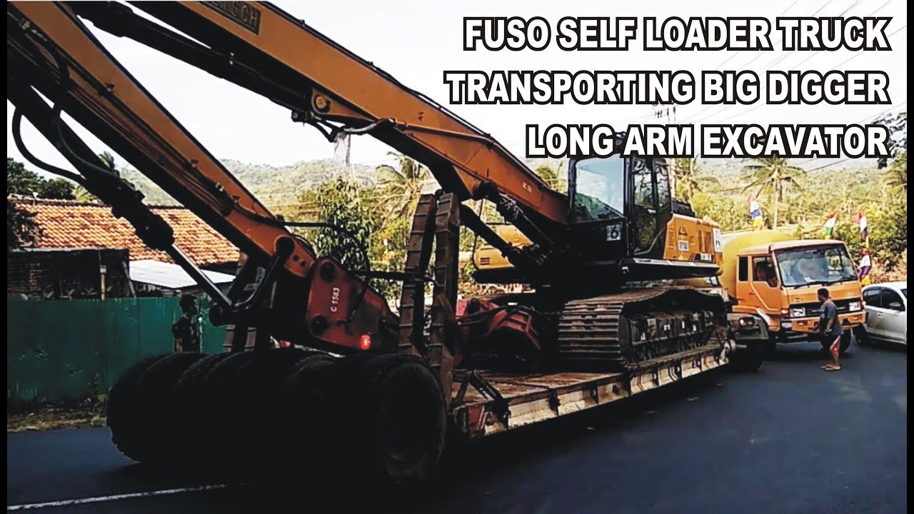 FUSO SELF LOADER TRUCK TRANSPORTING BIG DIGGER LONG ARM EXCAVATOR ...