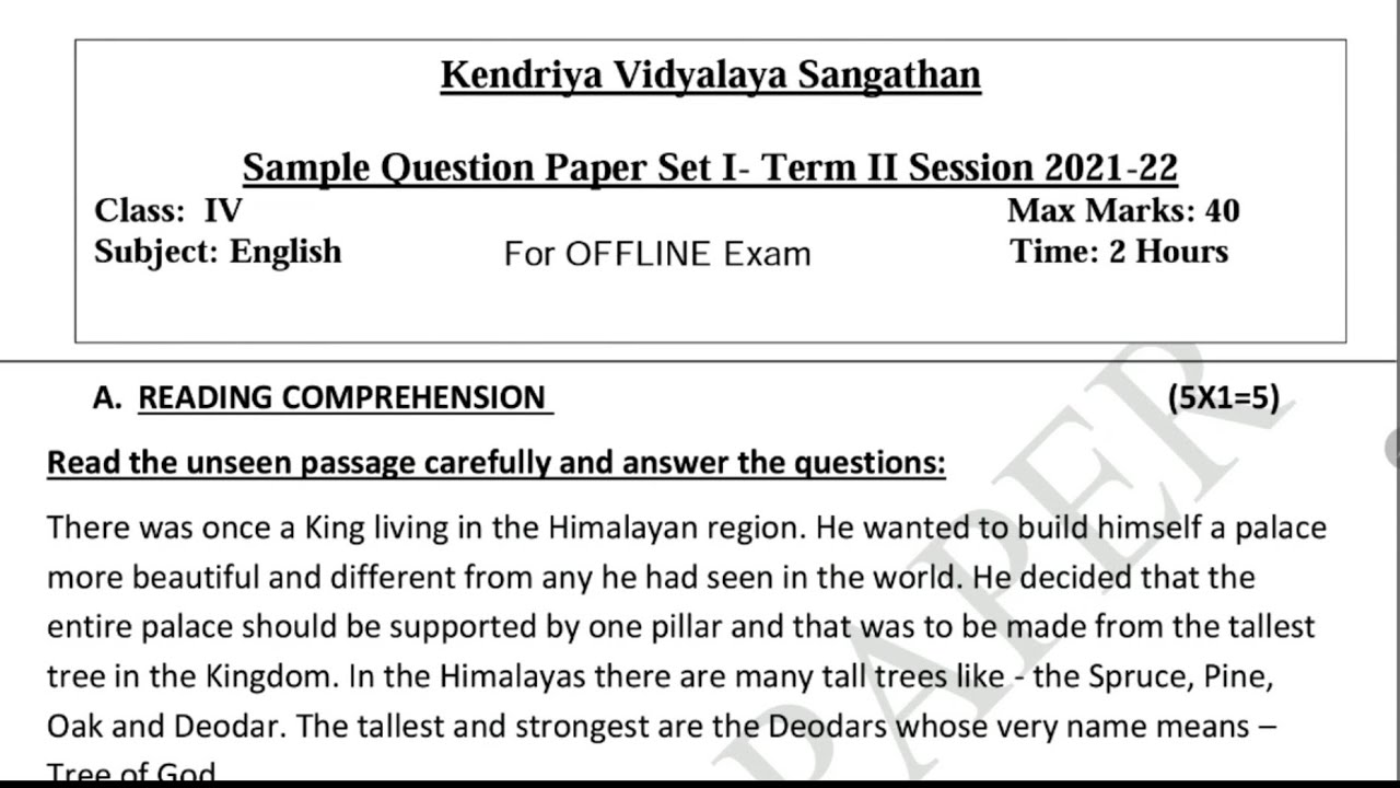 Class 4 ENGLISH Annual Exam 2022 (OFFLINE) Sample Question Paper For ...