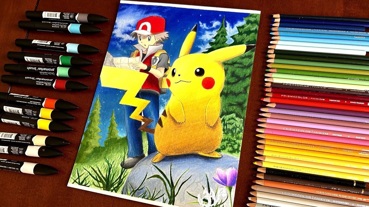 Drawing | Pikachu and Red | Pokémon | Timelapse - YouTube