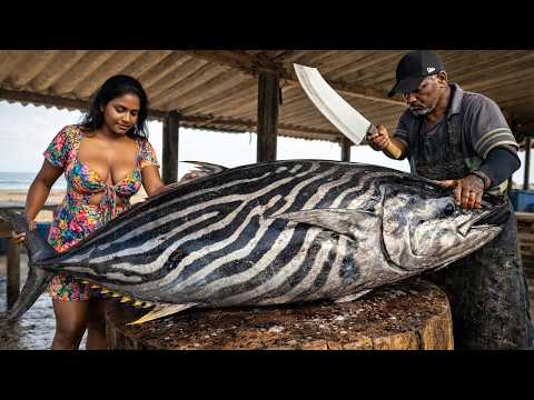 Never Seen Before Striped Giant Fish Cutting and Massive Fish Collection