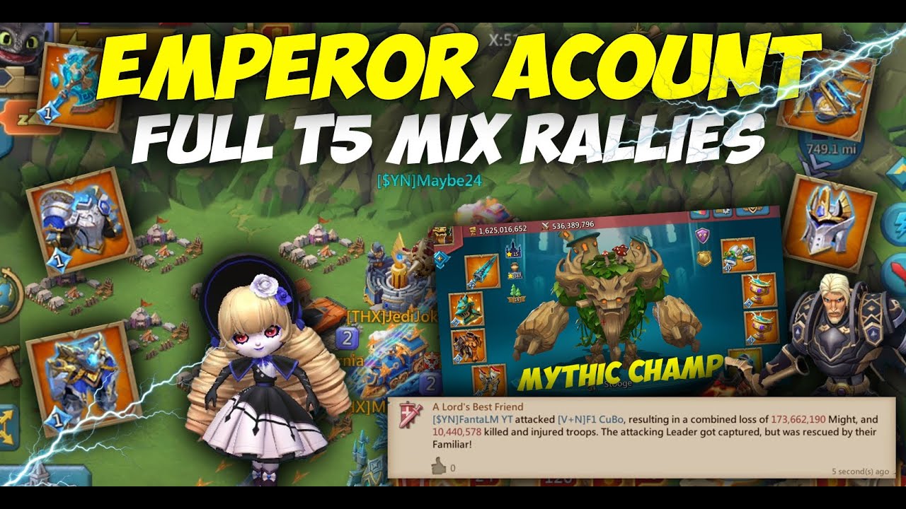 Lords Mobile - 5 Piece Emp 100% T5 Mix Rally vs Mythic Champs Gear! How ...