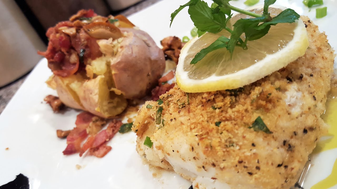 Lemon Crusted Baked Cod With Bacon & Mushroom Topped Baked Potato - YouTube