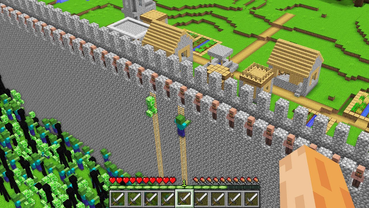 This TALL WALL Protect My Village from All Monster ! Minecraft Security ...