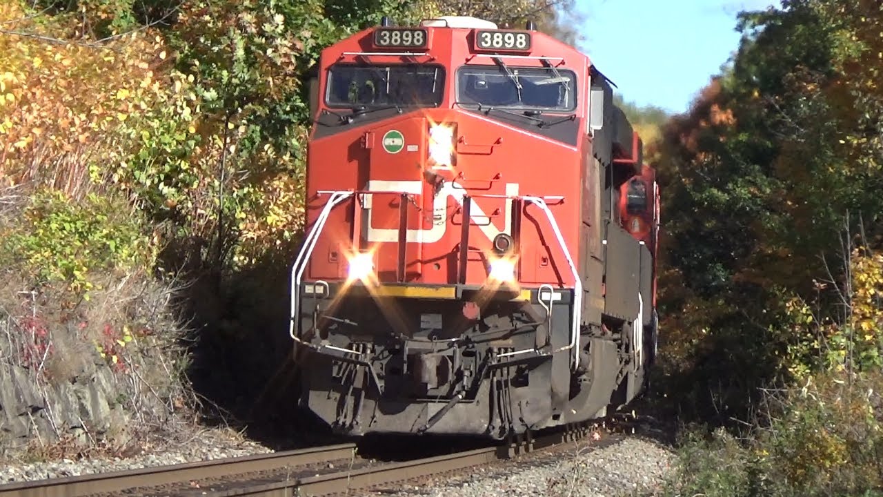 Long Stack Train CN 120 w/DPU & Inspection Car Rolling thru Bedford, NS - YouTube