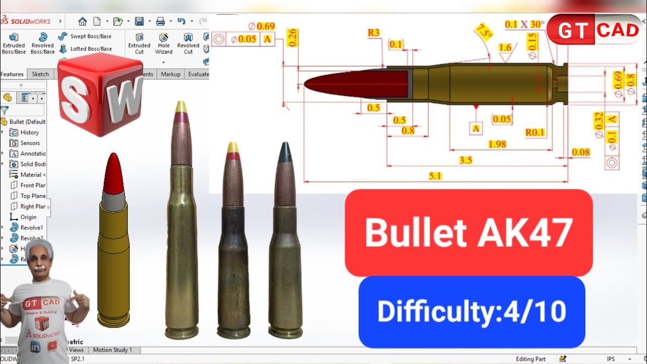 ak_47 bullet in SolidWorks|full tutorial with drawing - YouTube