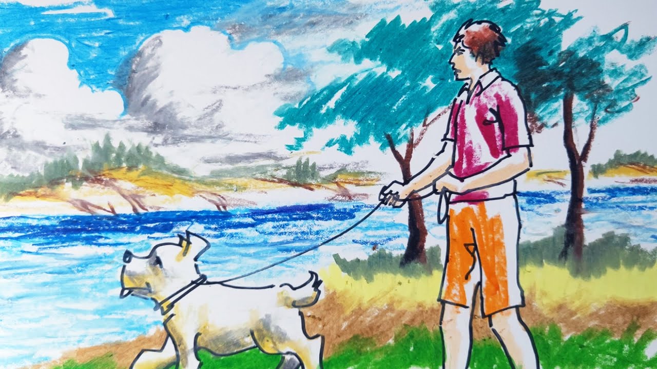 How to Draw a Man Walking Dog Scene Step by Step for beginners - YouTube