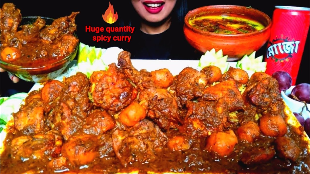 ASMR:EATING HUGE QUANTITY SPICY CHICKEN POTATO CURRY,RICE,EXTRA CURRY ...