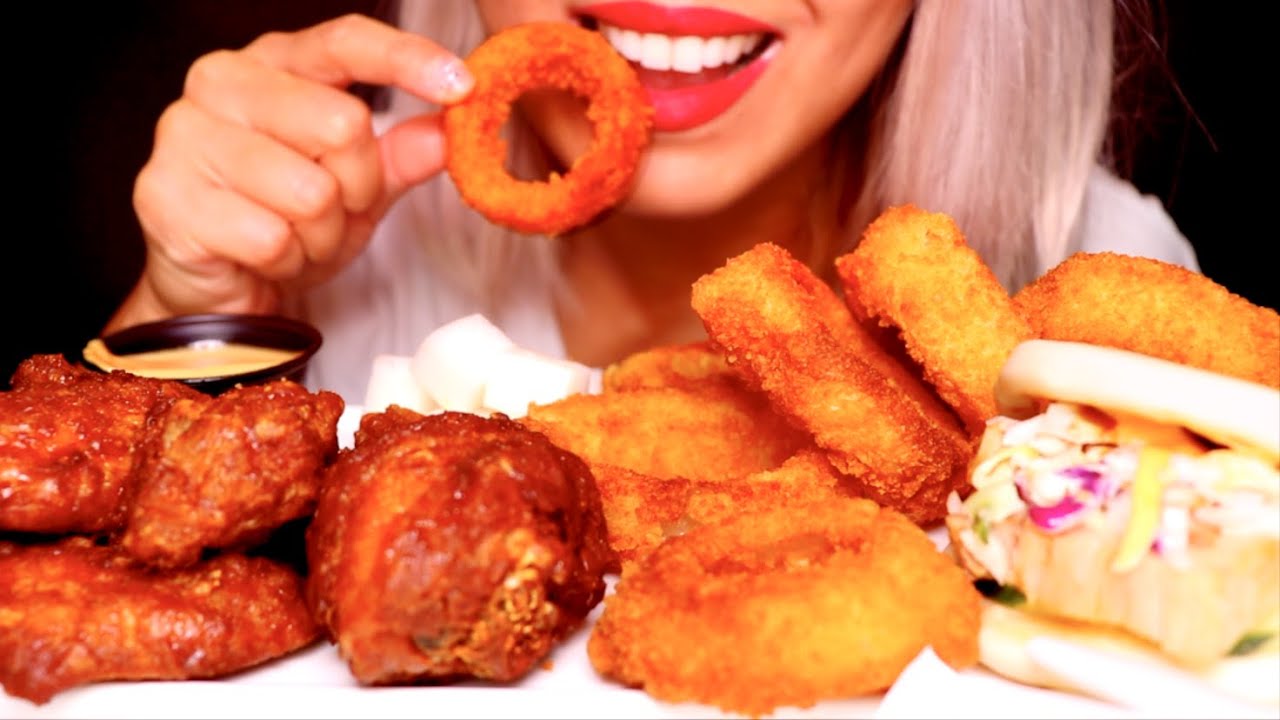 ASMR Eating BonChon Korean Fried Chicken, Onion Rings, Pork Bao *No ...