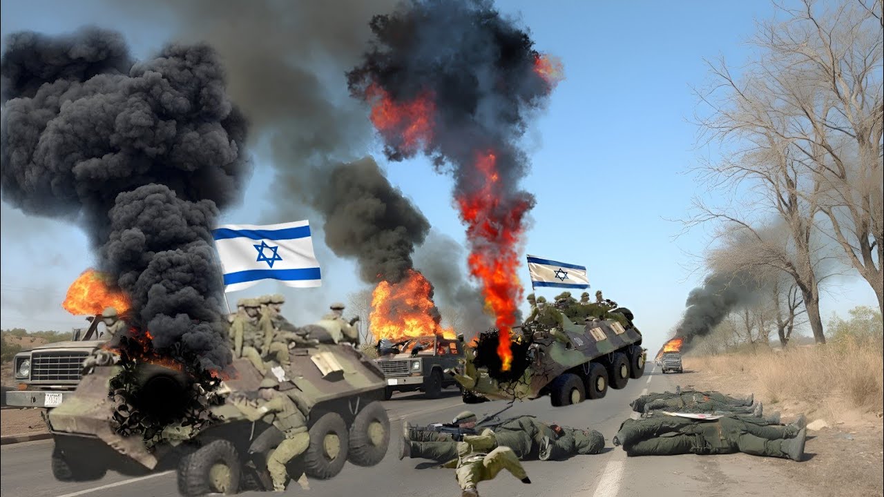 An Israeli armored vehicle convoy, destroyed by the Iranian military on ...