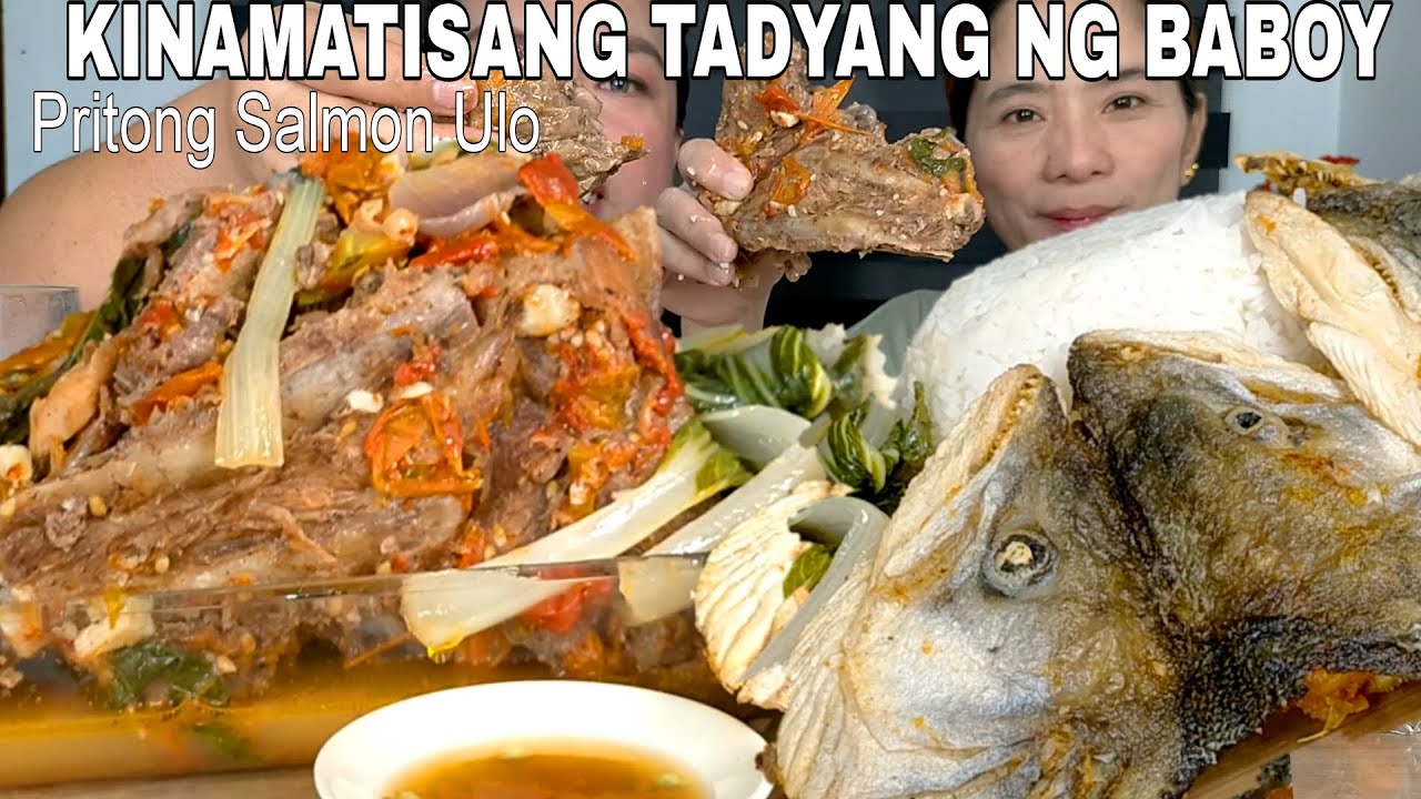 Kinamatisang Tadyang ng Baboy at Pritong Ulo ng Salmin | Filipino Food ...