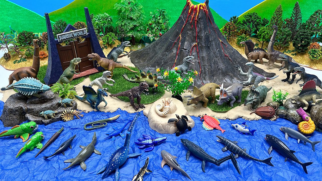 DIY Dinosaur World - volcano eruption lava, Mosasaurus Tyrannosaurus ...
