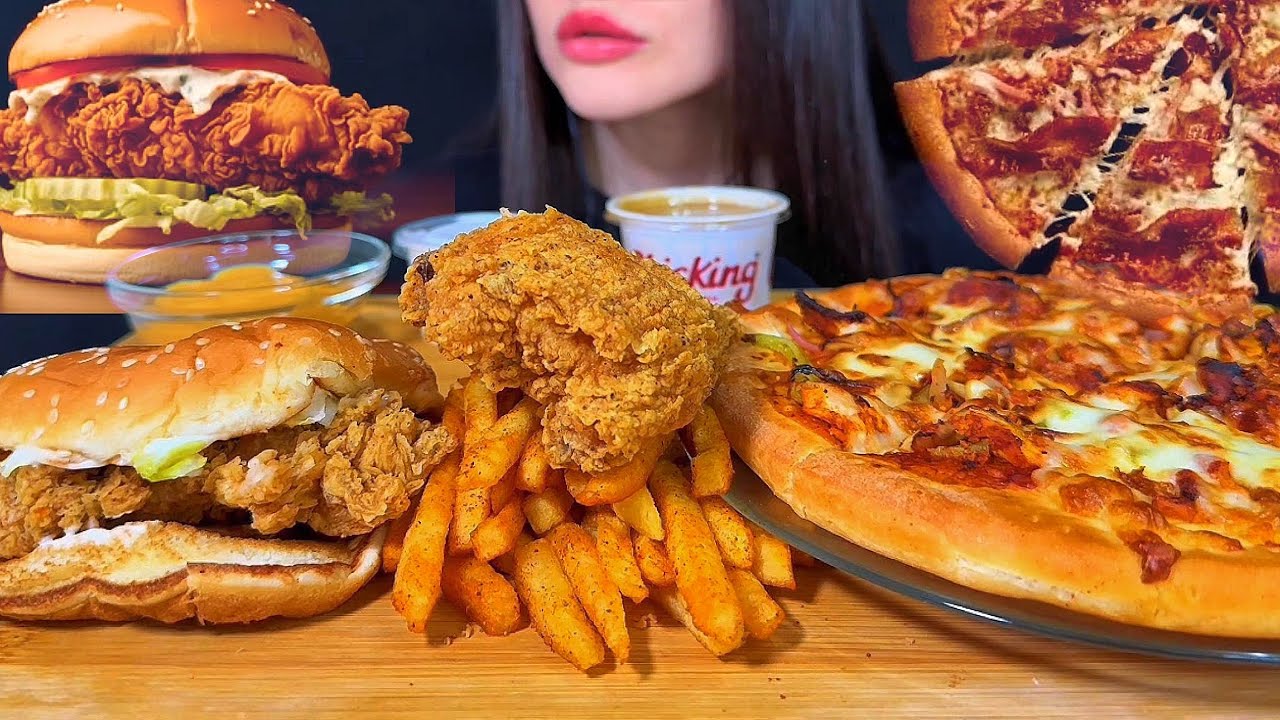 PIZZA, BURGER, FRIED CHICKEN, SPICY FRIES MUKBANG | FAST FOOD | ASMR ...