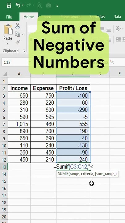 Sum Of Negative Numbers Excel Exceltutorial Shorts Excelshorts Excelhacks Viral Youtube