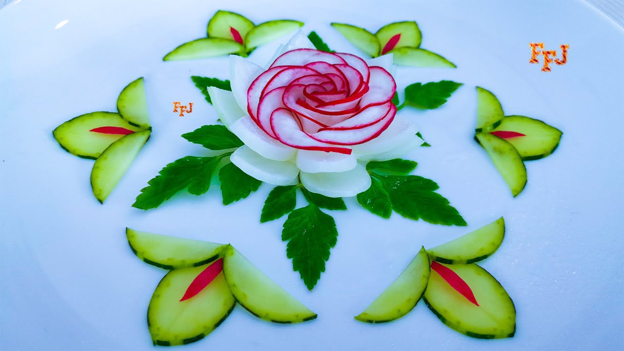 DIY Radish Rose with Onion & Cucumber Design - YouTube