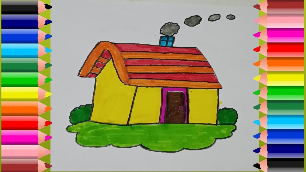 How to draw and colour house easy | Beautiful house drawing with colour ...