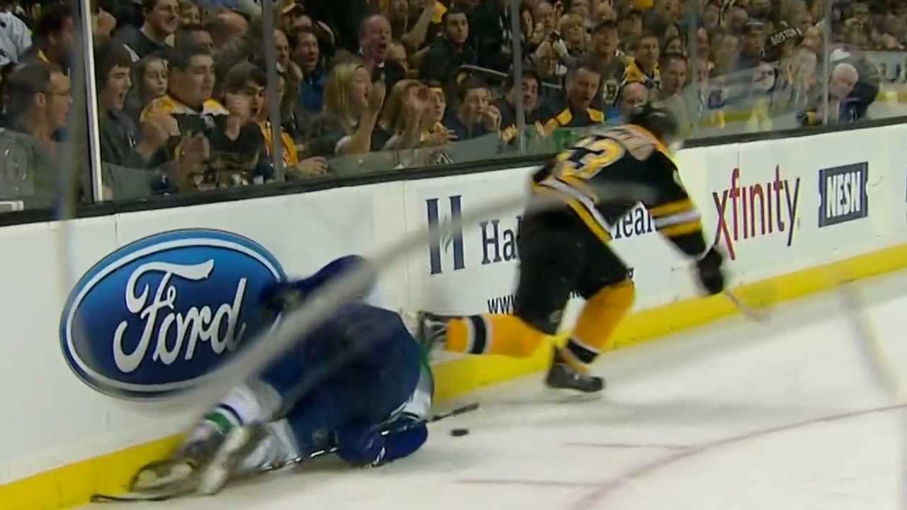 Brad Marchand hip checks Sami Salo w/SlowMo 1/7/12 - YouTube