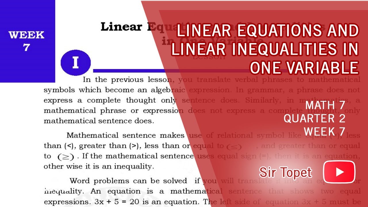 MATH 7 | WEEK 7 | QUARTER 2 - LINEAR EQUATIONS AND INEQUALITIES IN ONE ...