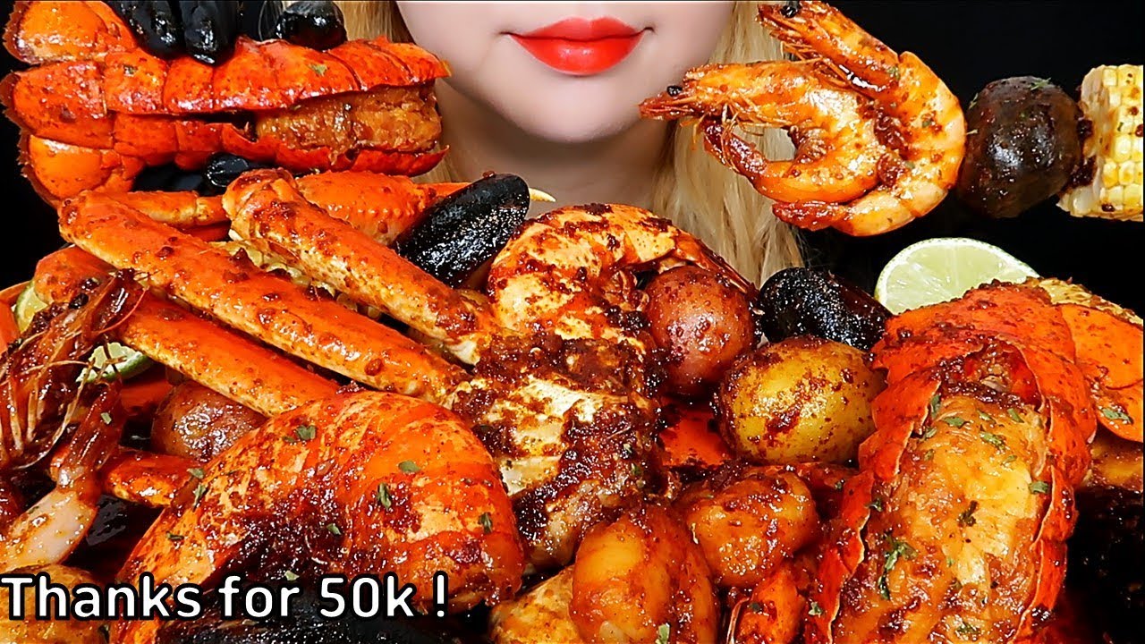 ASMR SEAFOOD BOIL (shrimp, lobster tail, snow crab, mussel, corn ...
