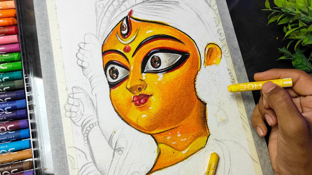 Durga Maa Drawing with Oil Pastel, How to draw Durga Mata, Step by step ...
