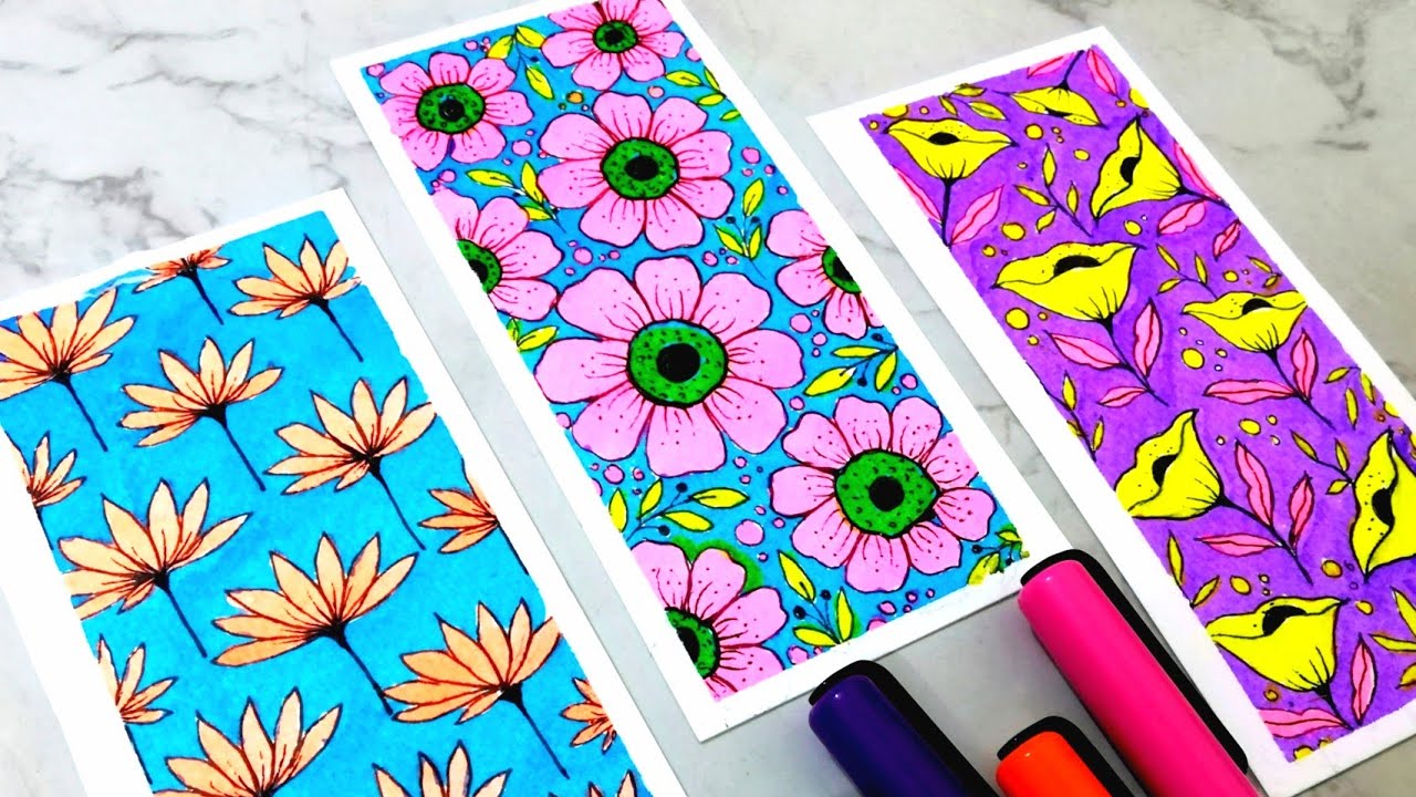 How to make easy colorful floral bookmarks| Easy Line Drawing /Doodling ...