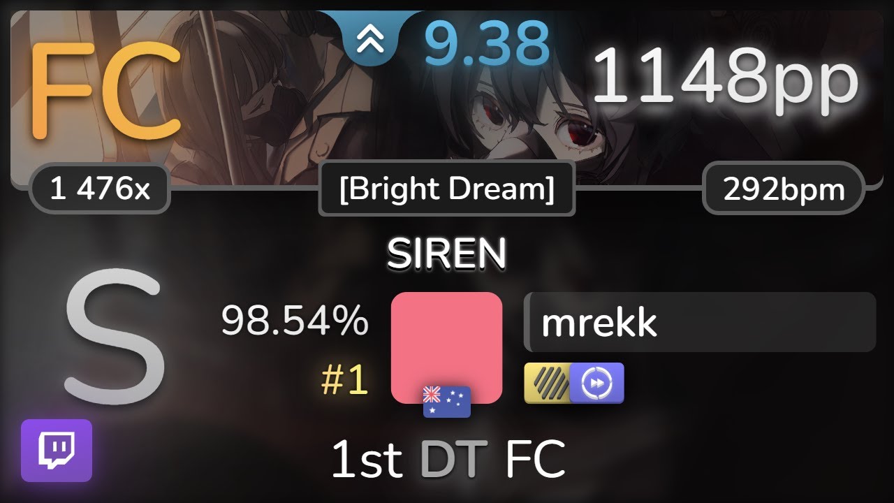 🔴 9.4⭐ mrekk | PassCode - SIREN [Bright Dream] +HDDT 98.54% FC #1 | 1148pp - osu! - YouTube