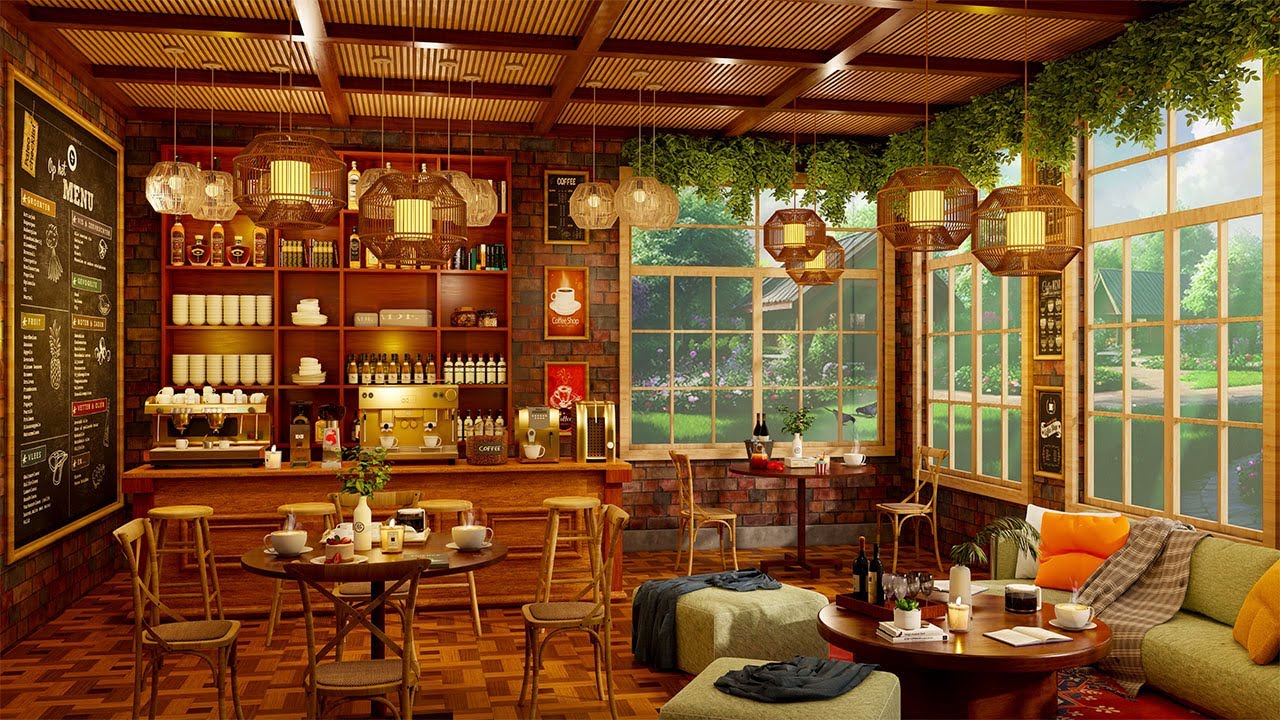 Work Jazz | 4K Cozy Coffee Shop Ambience with Summer Jazz Piano Music ...