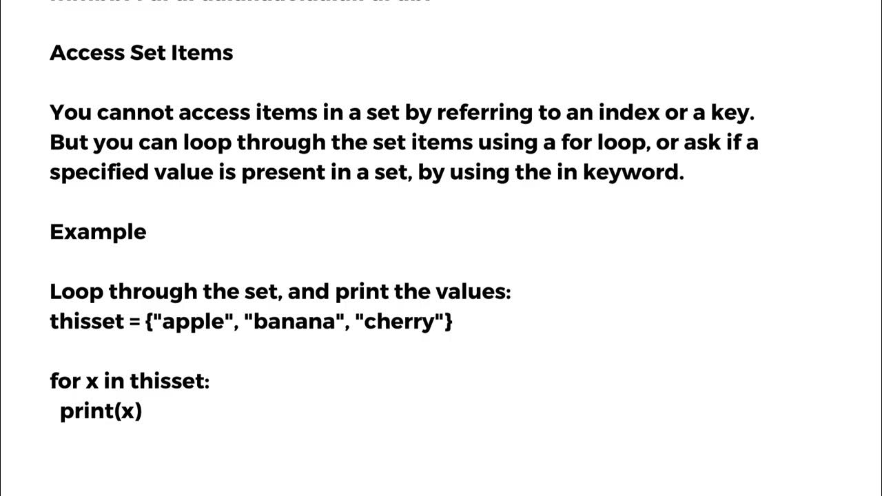 Data type "set",set() constructor, access set items, check presence of ...