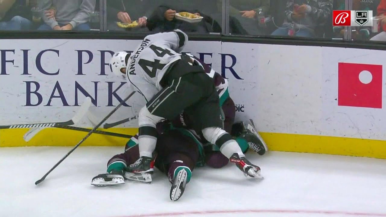 A melee ensues between the Kings and Ducks after Mikey Anderson pushes ...