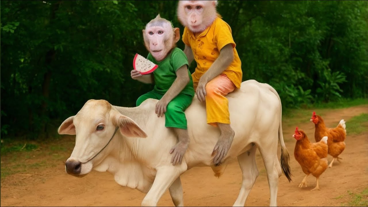Monkey YaYa and Shally are happy to ride on the Cow - YouTube