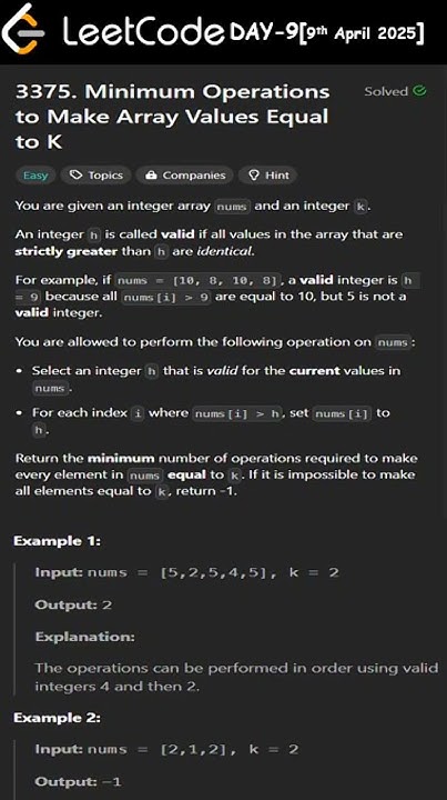 DAY 9/365 OF CODING CHALLENGE | MINIMUM OPERATIONS TO MAKE ARRAY VALUES EQUAL TO K - YouTube