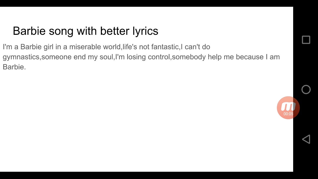 Barbie song lyrics except Barbie is depressed - YouTube