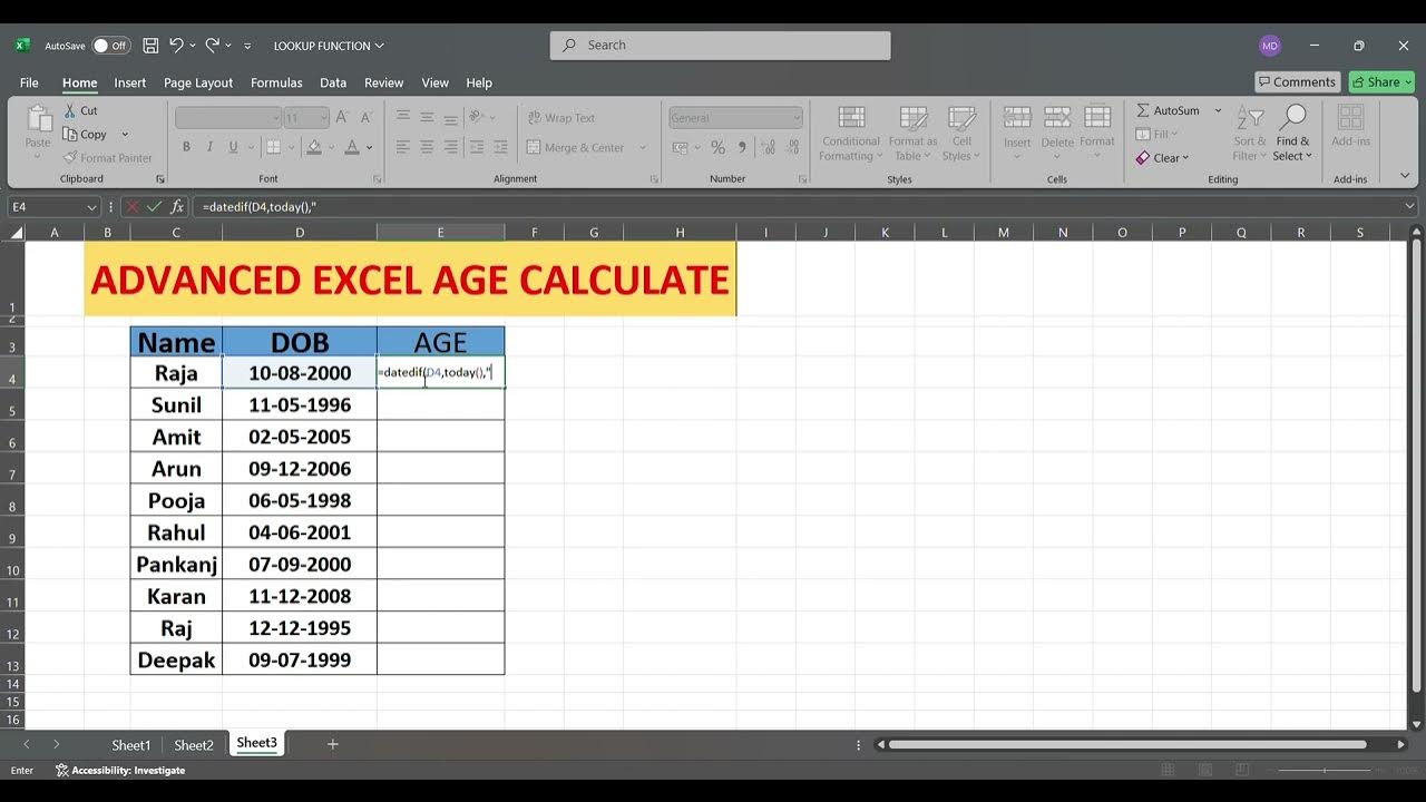 Use of dateif function Advanced excel age calculate formula - YouTube