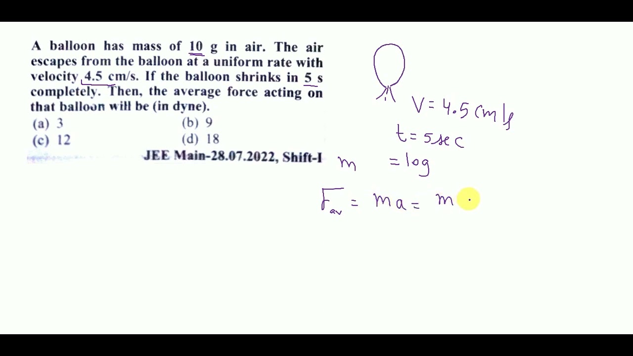 Balloon has mass of 10 gram in air the air escapes from the balloon at ...
